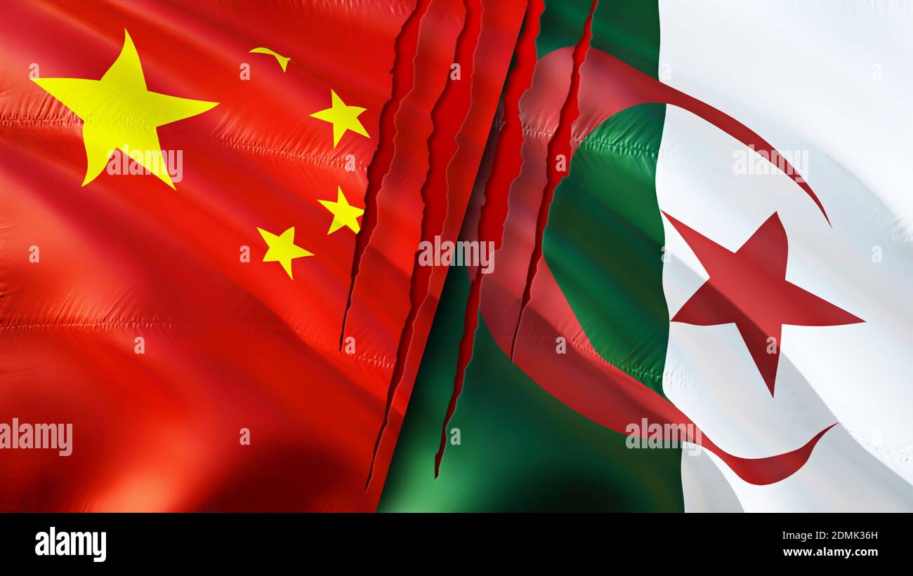 China and Algeria flags with scar concept. Waving flag,3D rendering ...