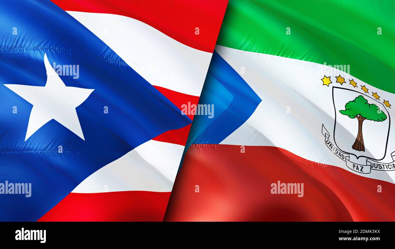 Puerto Rico and Equatorial Guinea flags. 3D Waving flag design. Puerto ...