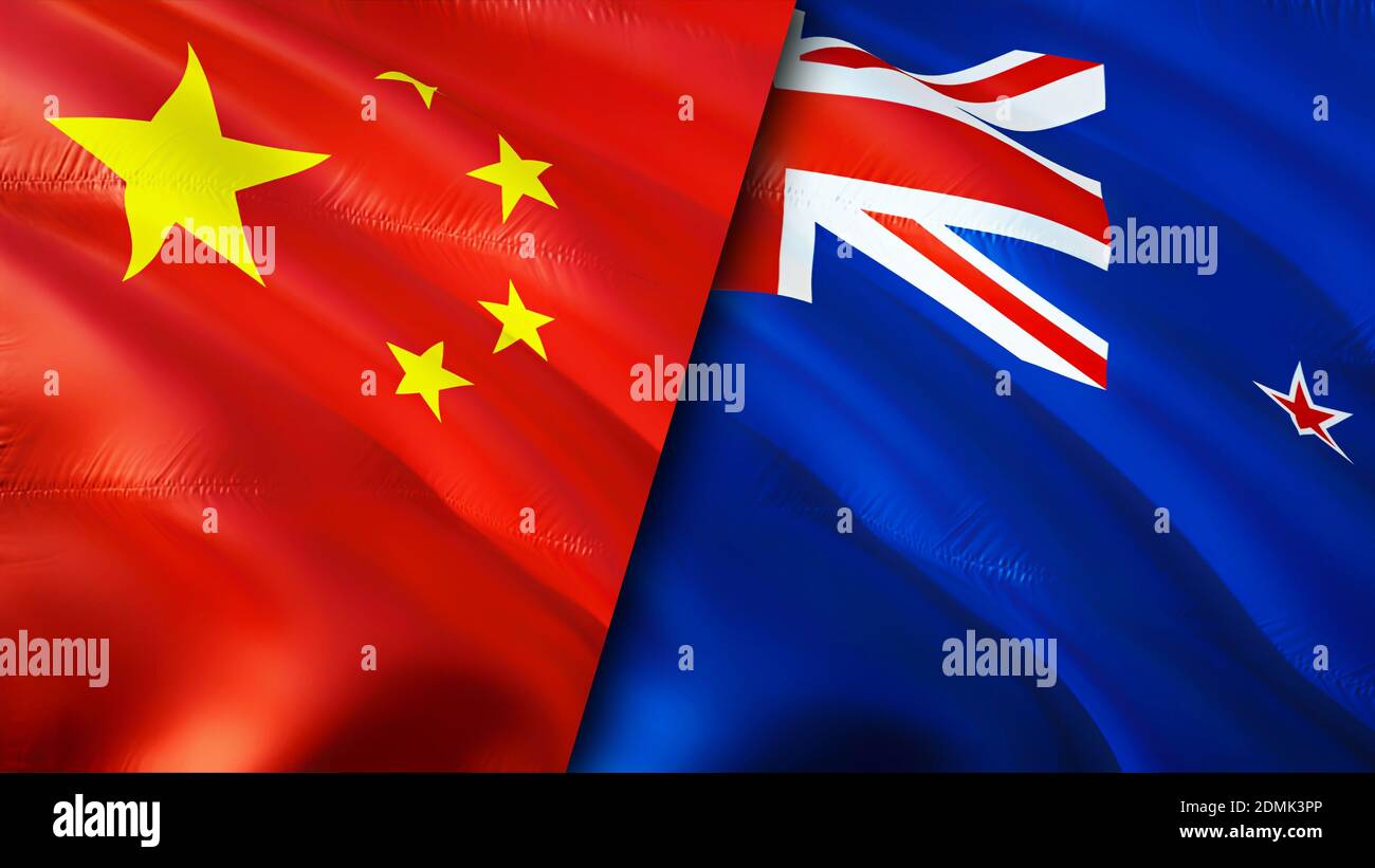 China and New Zealand flags. 3D Waving flag design. China New Zealand ...