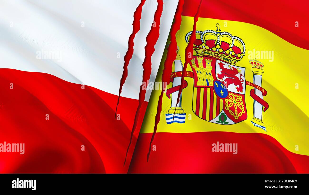 Poland and Spain flags with scar concept. Waving flag,3D rendering ...
