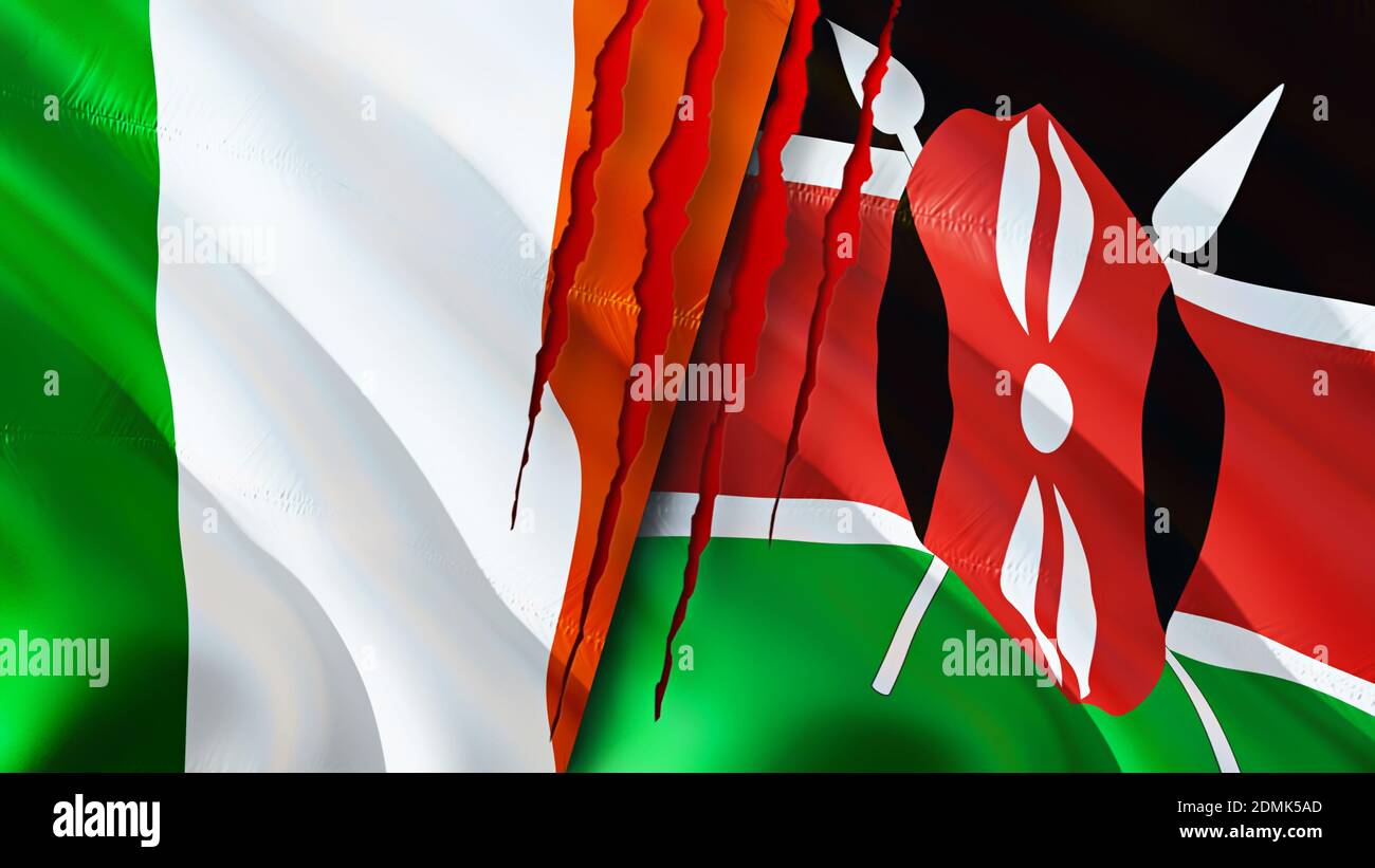 Ireland and Kenya flags with scar concept. Waving flag 3D rendering ...