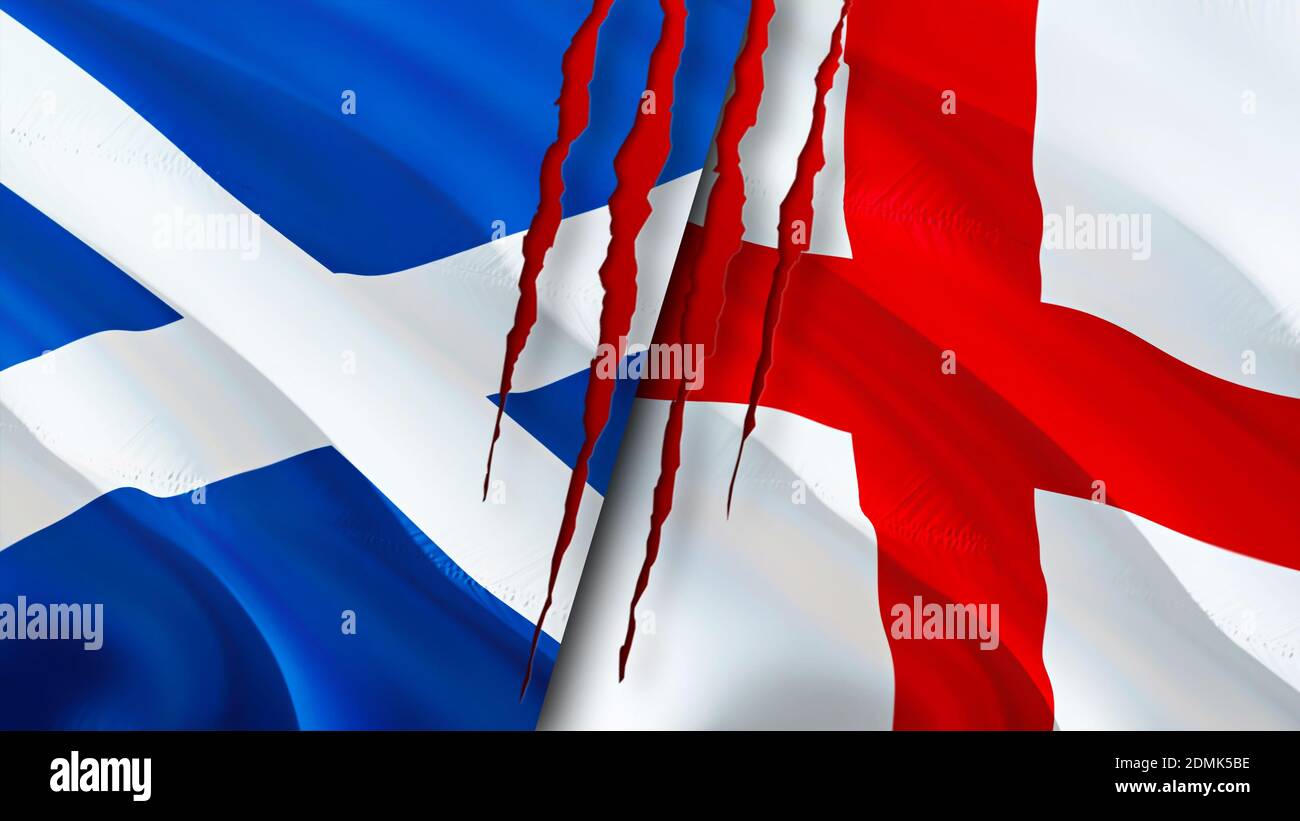 Scotland and England flags with scar concept. Waving flag,3D rendering ...