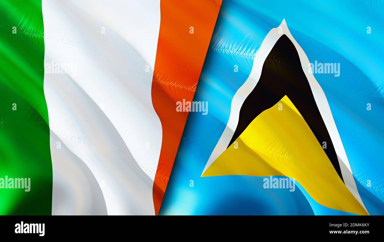 Ireland and Saint Lucia flags. 3D Waving flag design. Ireland Saint ...
