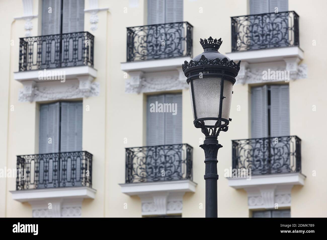 Classic street light and facade in Madrid city center. Spain Stock ...