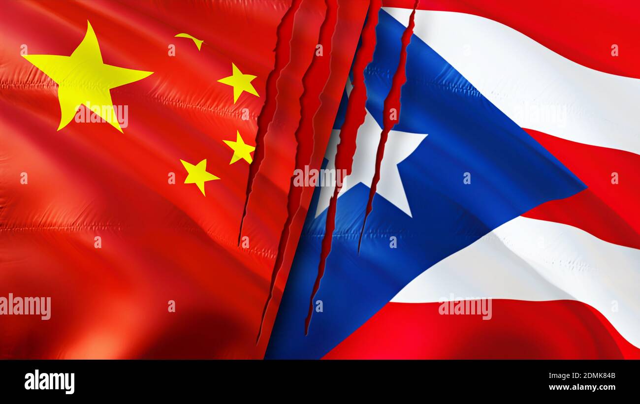 China and Puerto Rico flags with scar concept. Waving flag,3D rendering ...