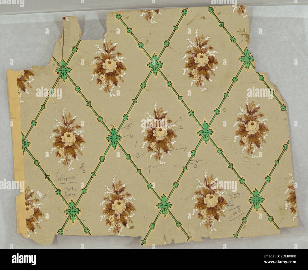 Sidewall, Block-printed on paper, Naturalistic bouquets and small ...