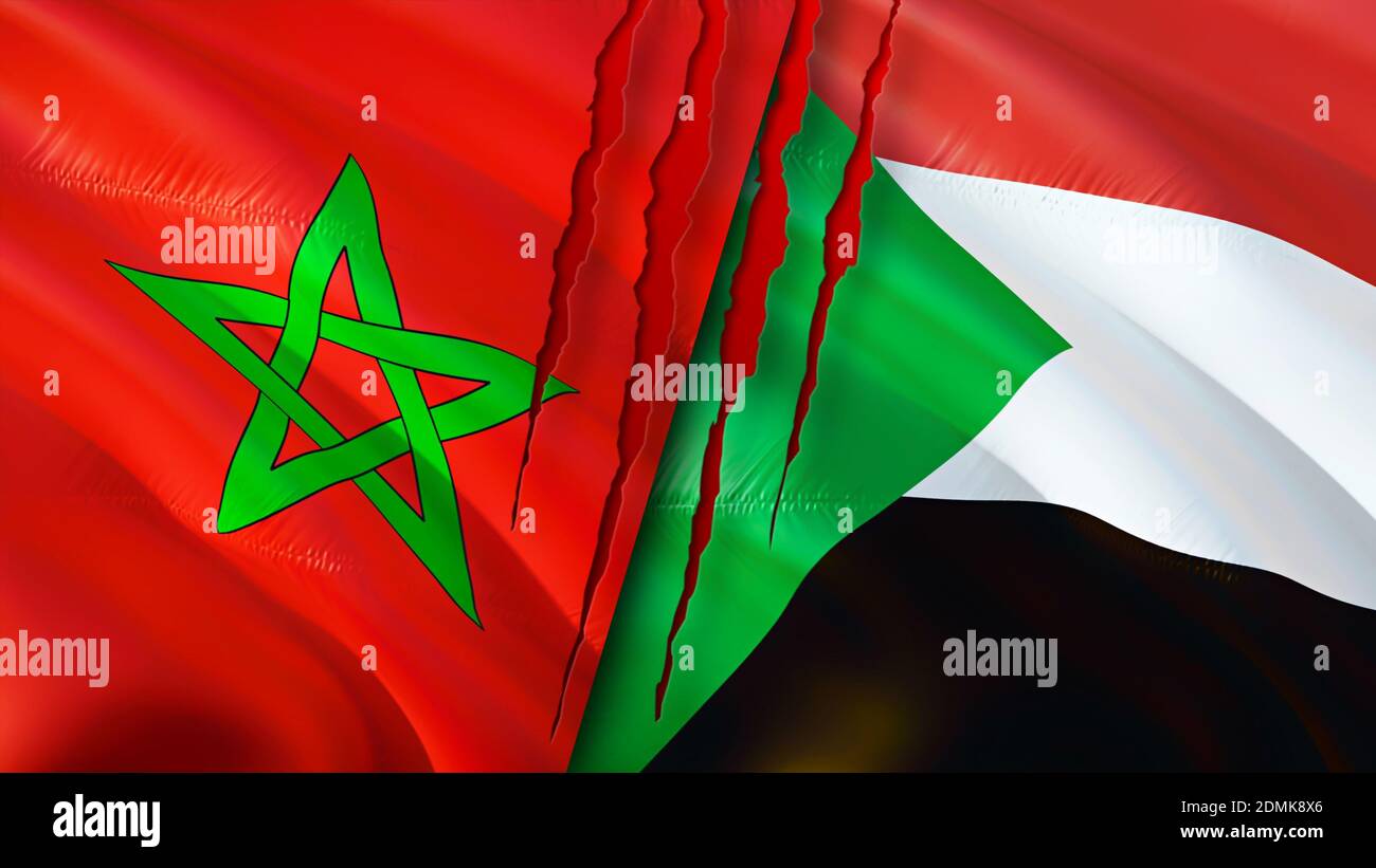 Morocco and Sudan flags with scar concept. Waving flag,3D rendering ...