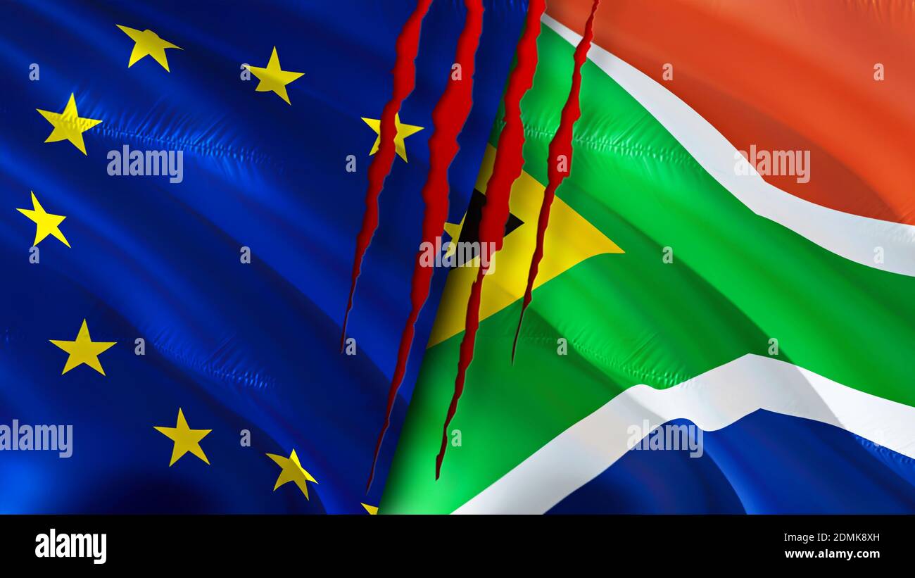 European Union and South Africa flags with scar concept. Waving flag,3D ...