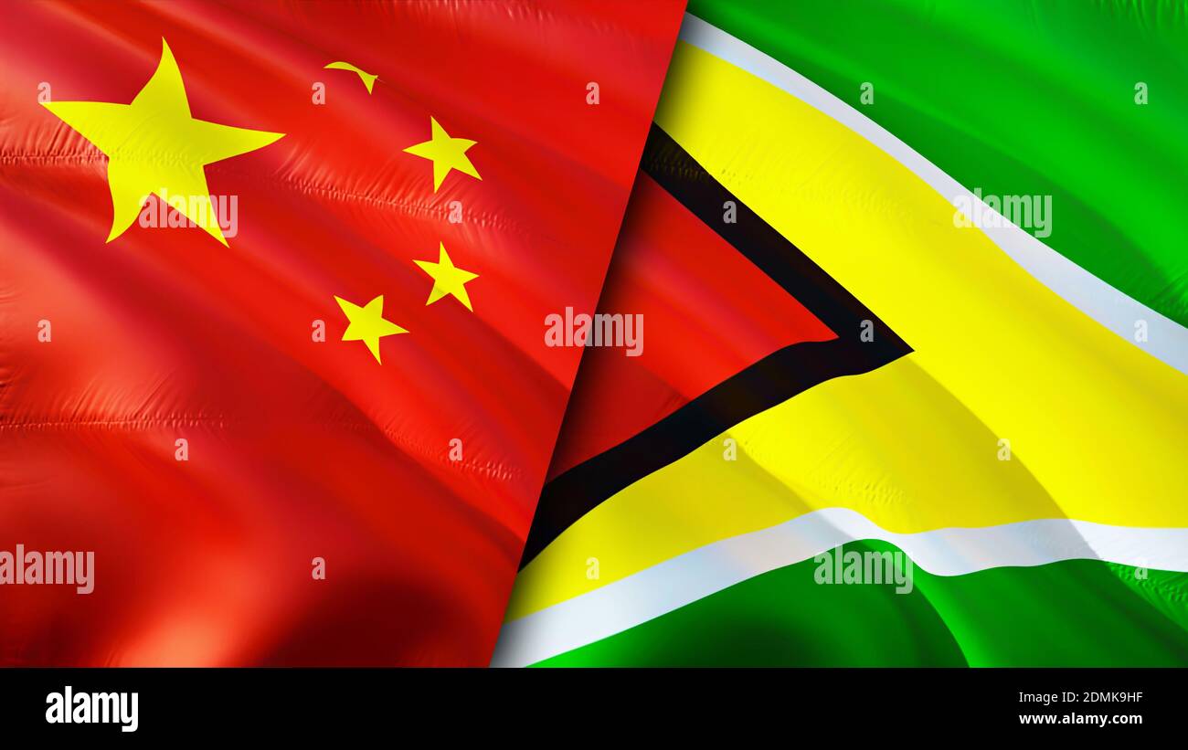 China and Guyana flags. 3D Waving flag design. China Guyana flag ...