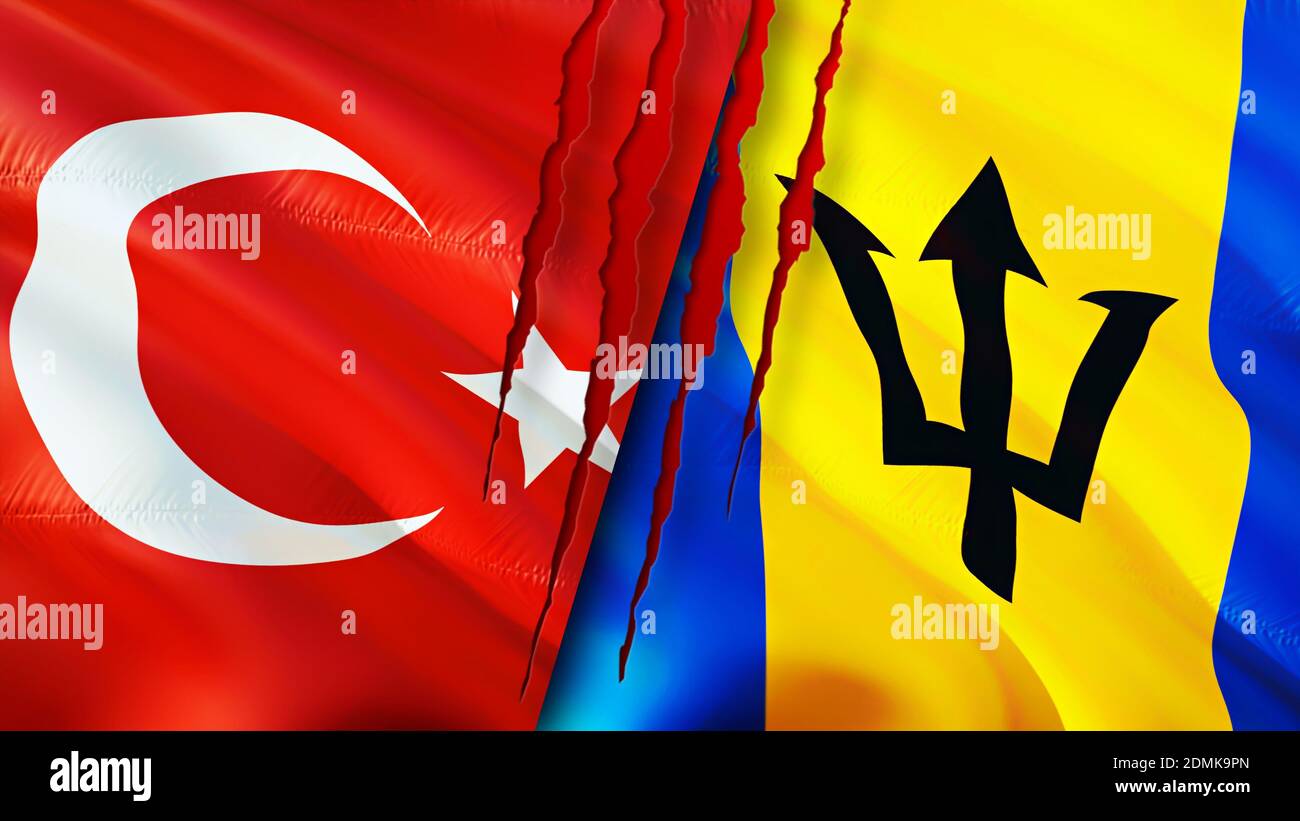 Turkey and Barbados flags with scar concept. Waving flag,3D rendering ...