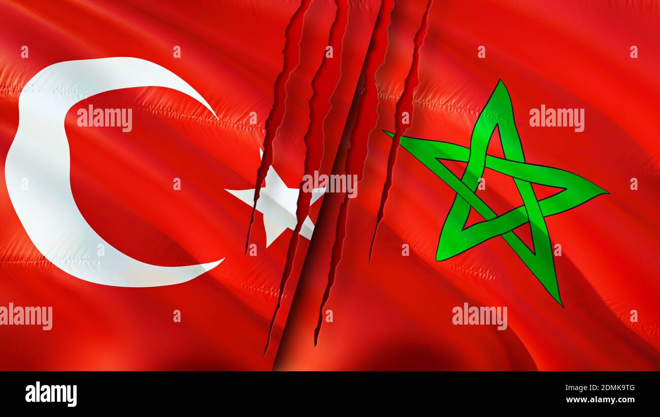Turkey and Morocco flags with scar concept. Waving flag,3D rendering ...