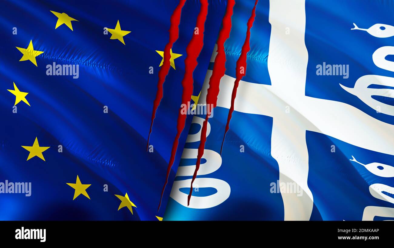 European Union and Martinique flags with scar concept. Waving flag,3D ...