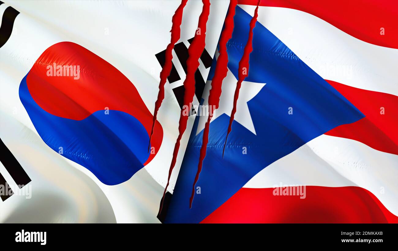 South Korea and Puerto Rico flags with scar concept. Waving flag,3D ...