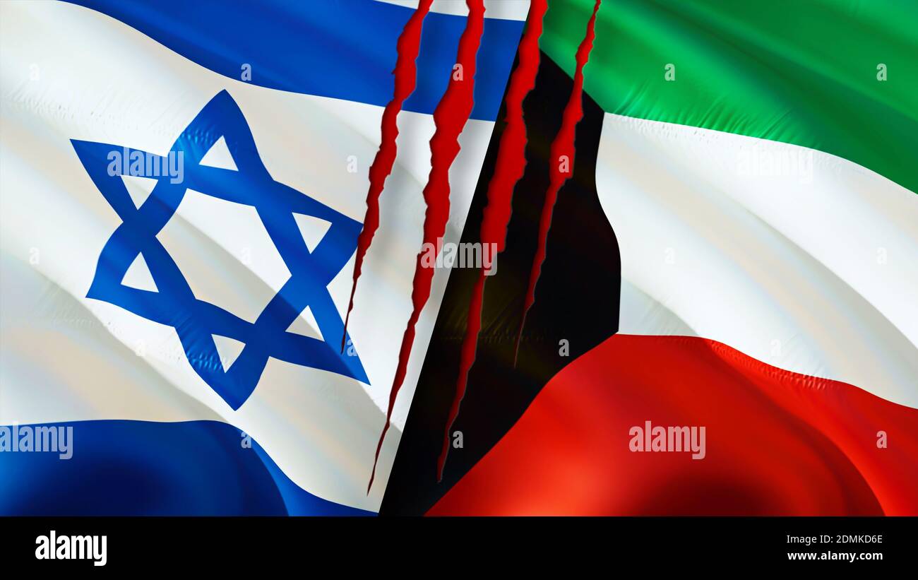 Israel and Kuwait flags with scar concept. Waving flag,3D rendering ...