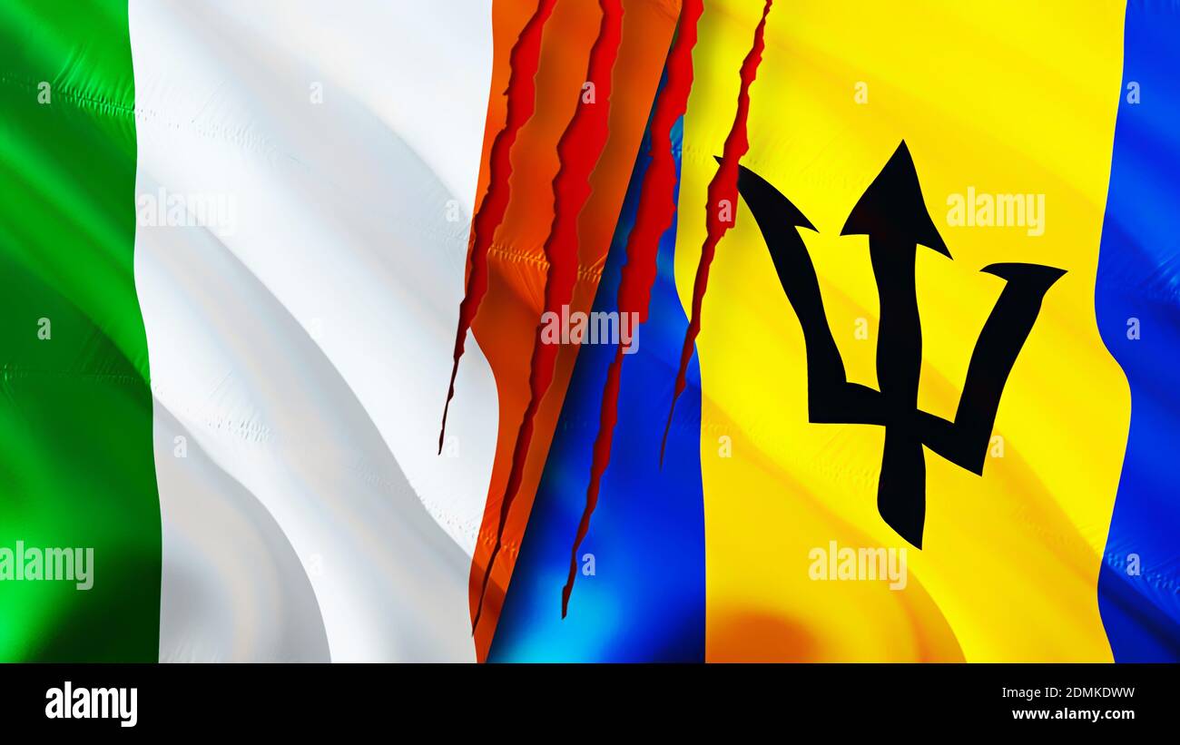 Ireland and Barbados flags with scar concept. Waving flag 3D rendering ...