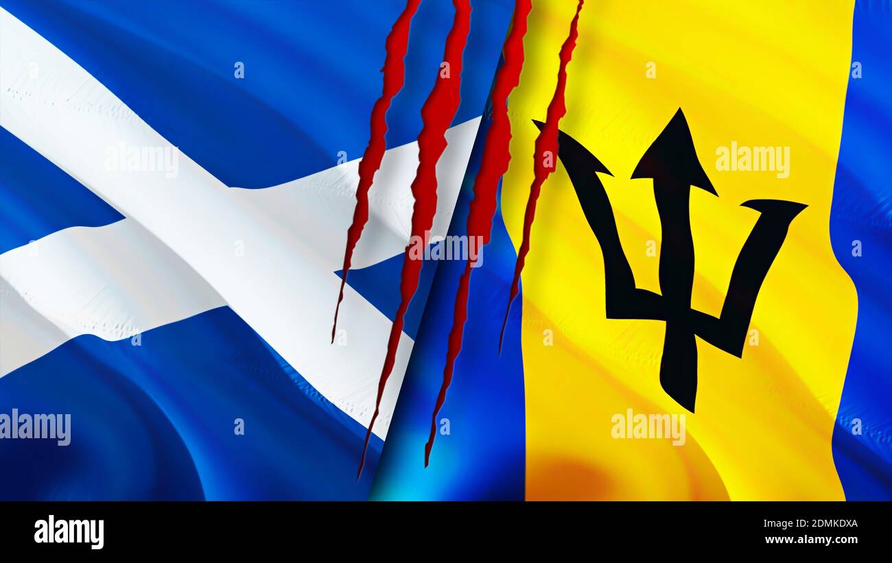 Scotland and Barbados flags with scar concept. Waving flag,3D rendering ...