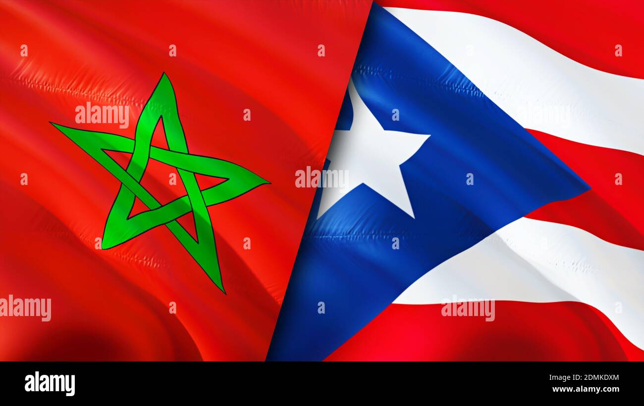 Morocco and Puerto Rico flags. 3D Waving flag design. Morocco Puerto ...