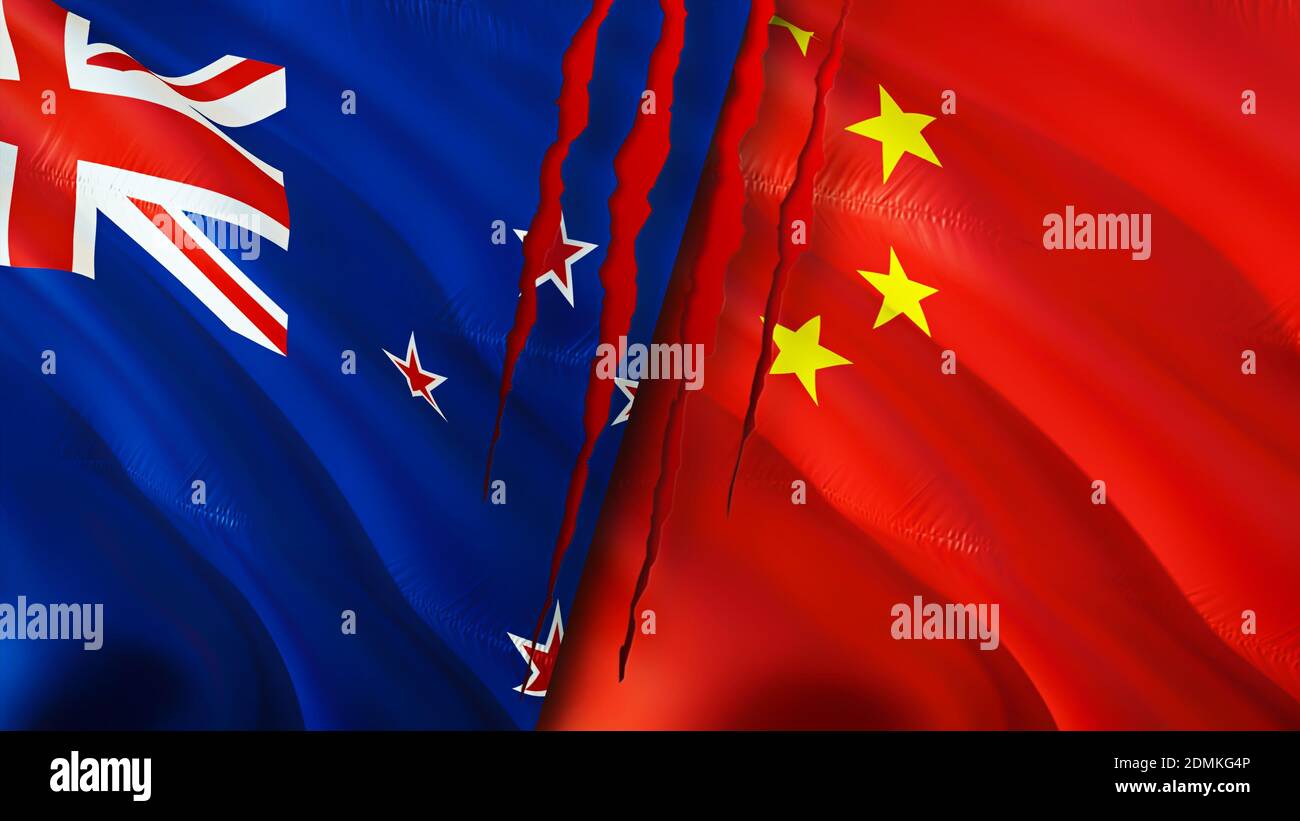 New Zealand and China flags with scar concept. Waving flag 3D rendering ...