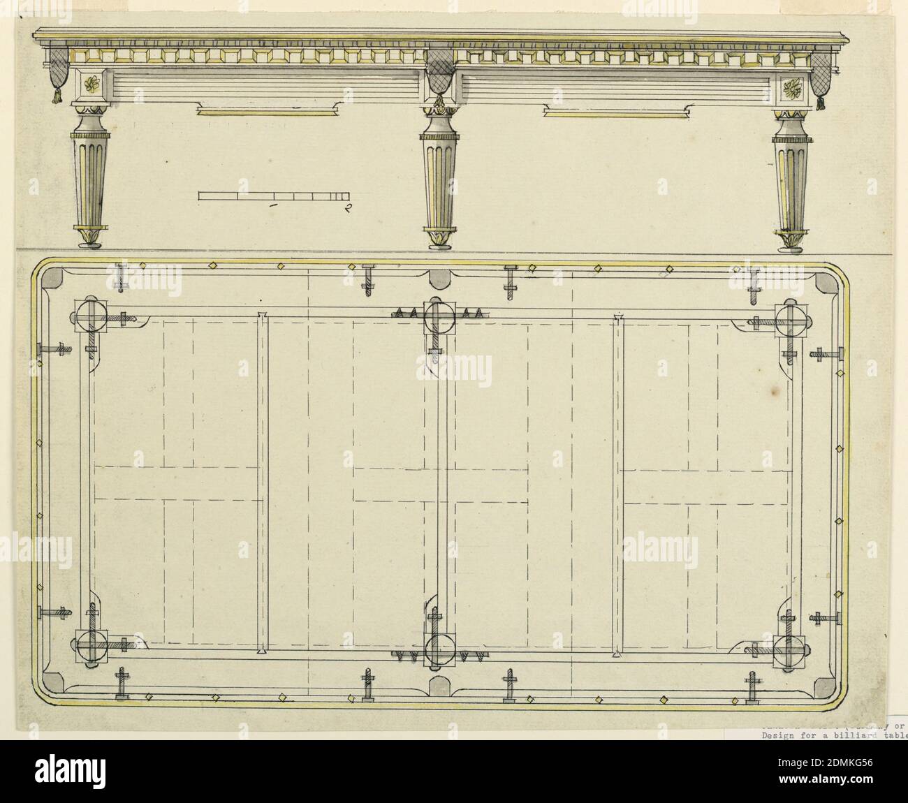 Design for a Billiard Table, Pen and black ink, brush and ink, yellow ...