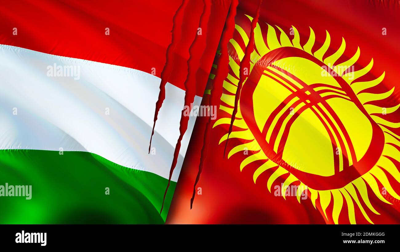 Hungary and Kyrgyzstan flags with scar concept. Waving flag,3D ...