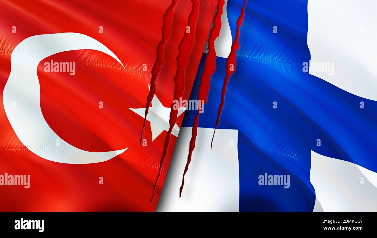 Turkey and Finland flags with scar concept. Waving flag,3D rendering ...