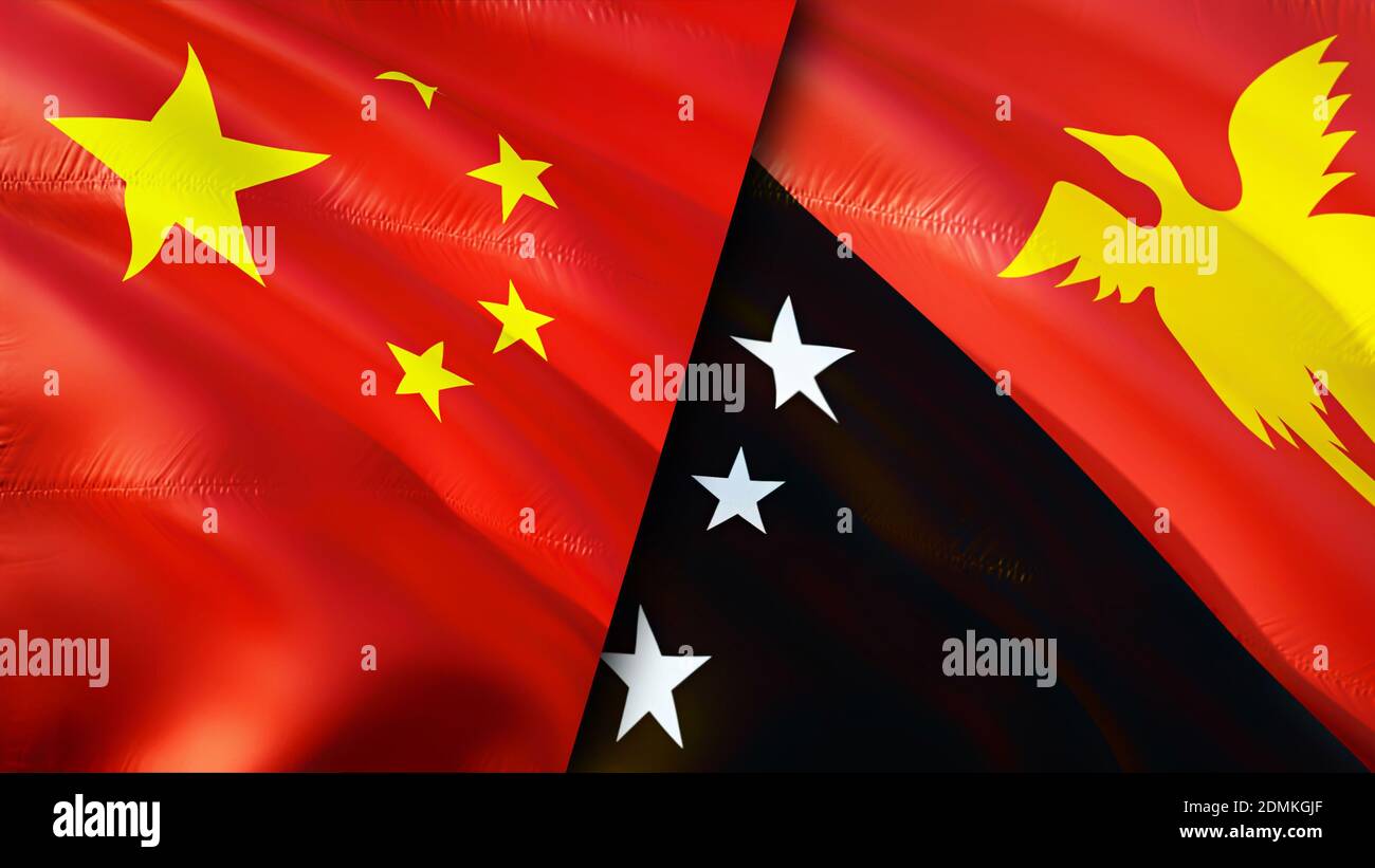 China and Papua New Guinea flags. 3D Waving flag design. China Papua ...