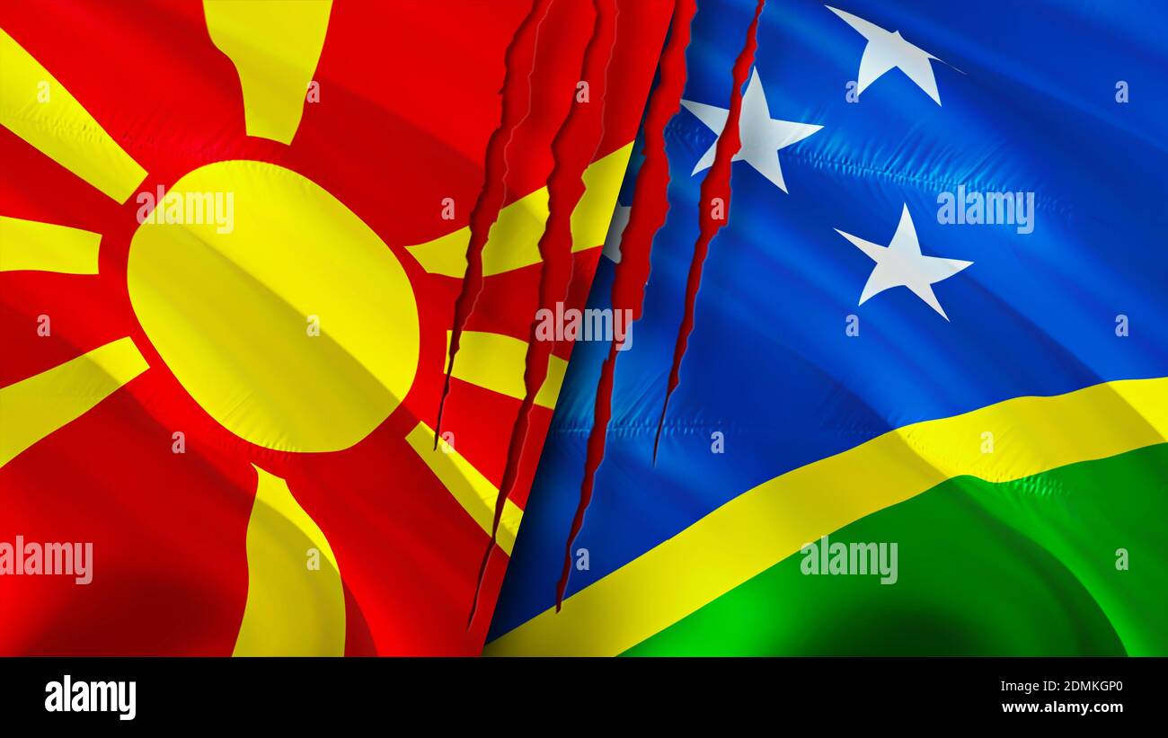 North Macedonia and Solomon Islands flags with scar concept. Waving ...