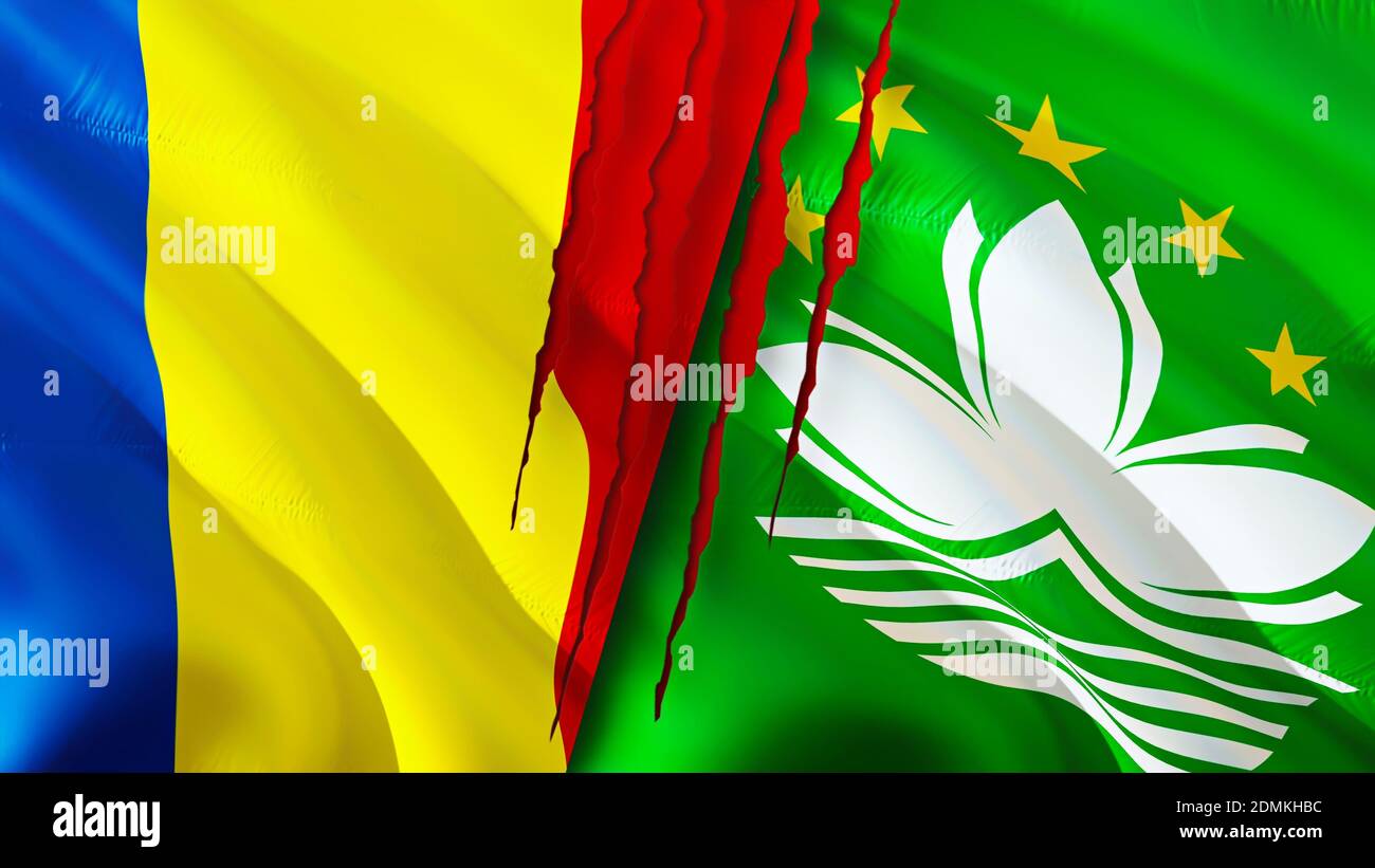 Romania and Macau flags with scar concept. Waving flag,3D rendering ...