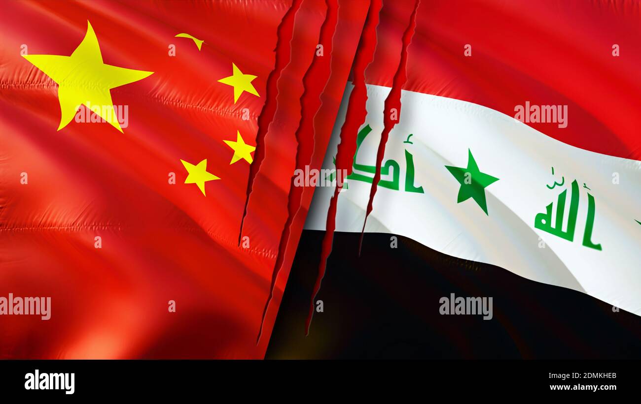 China and Iraq flags with scar concept. Waving flag,3D rendering. China ...