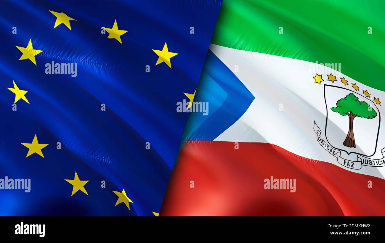 European Union and Equatorial Guinea flags. 3D Waving flag design ...