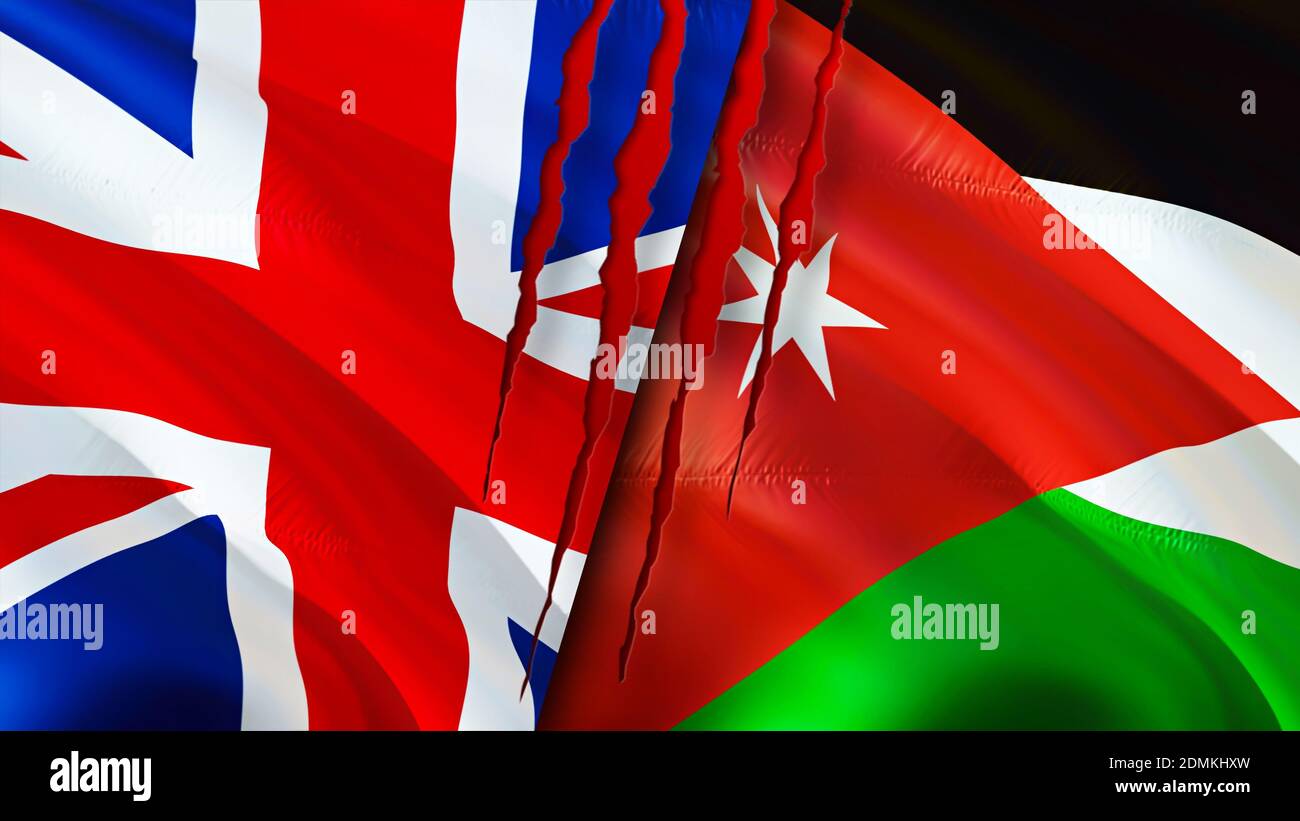 United Kingdom and Jordan flags with scar concept. Waving flag,3D ...