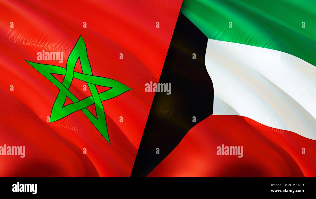 Morocco and Kuwait flags. 3D Waving flag design. Morocco Kuwait flag ...