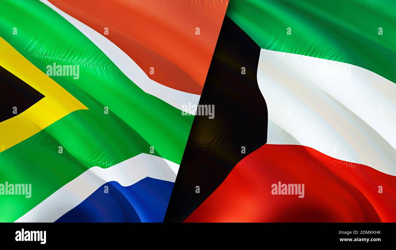 South Africa and Kuwait flags. 3D Waving flag design. South Africa ...