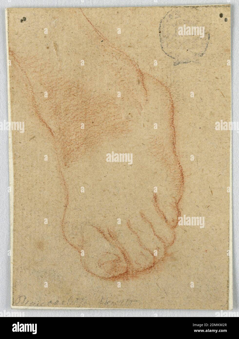 Sketch of a Left Foot, Red crayon on brown paper, A left foot is ...