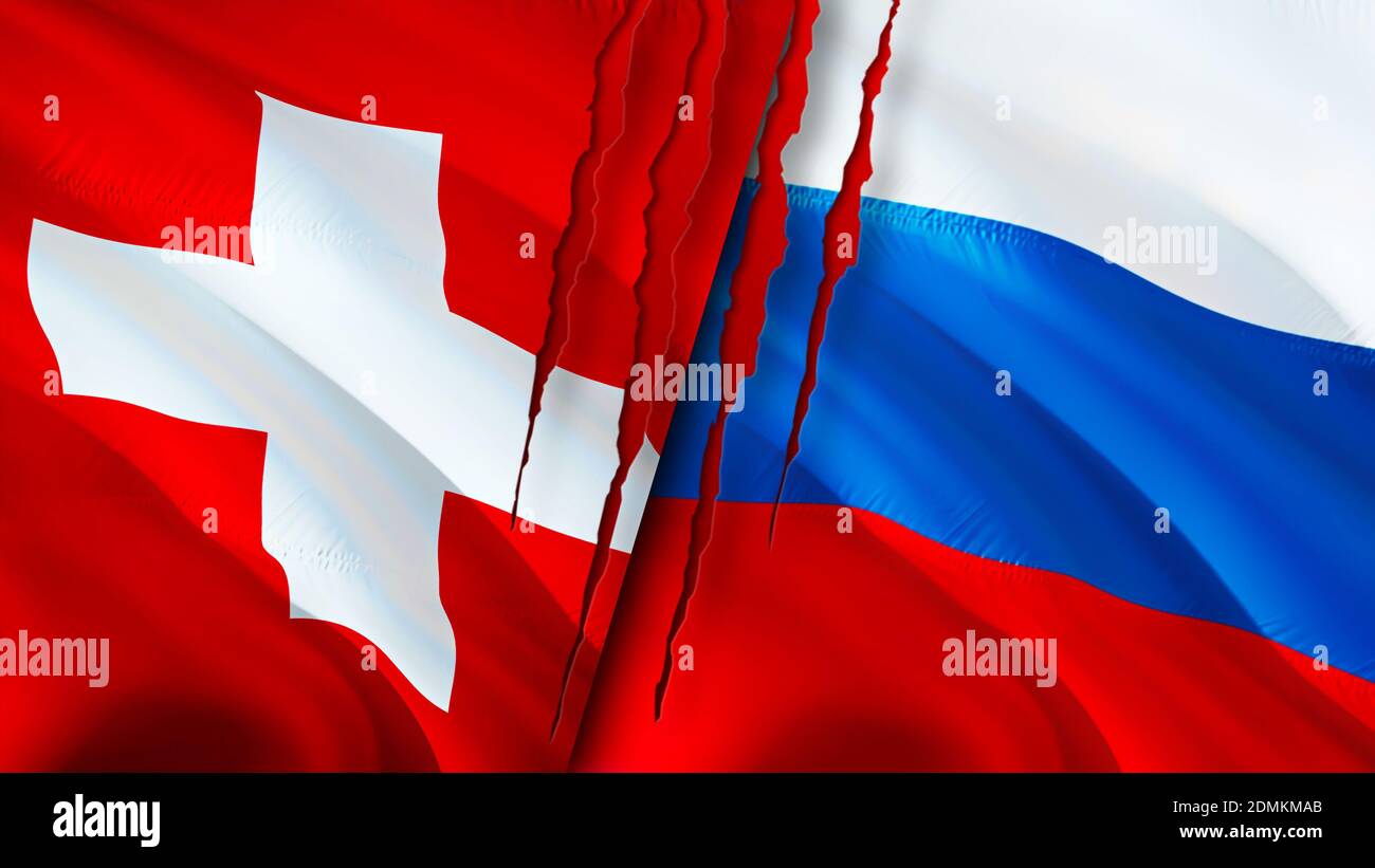 Switzerland and Russia flags with scar concept. Waving flag,3D ...
