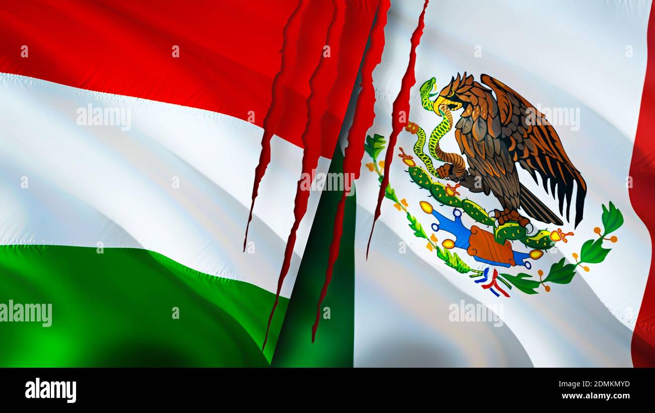 Hungary and Mexico flags with scar concept. Waving flag,3D rendering ...