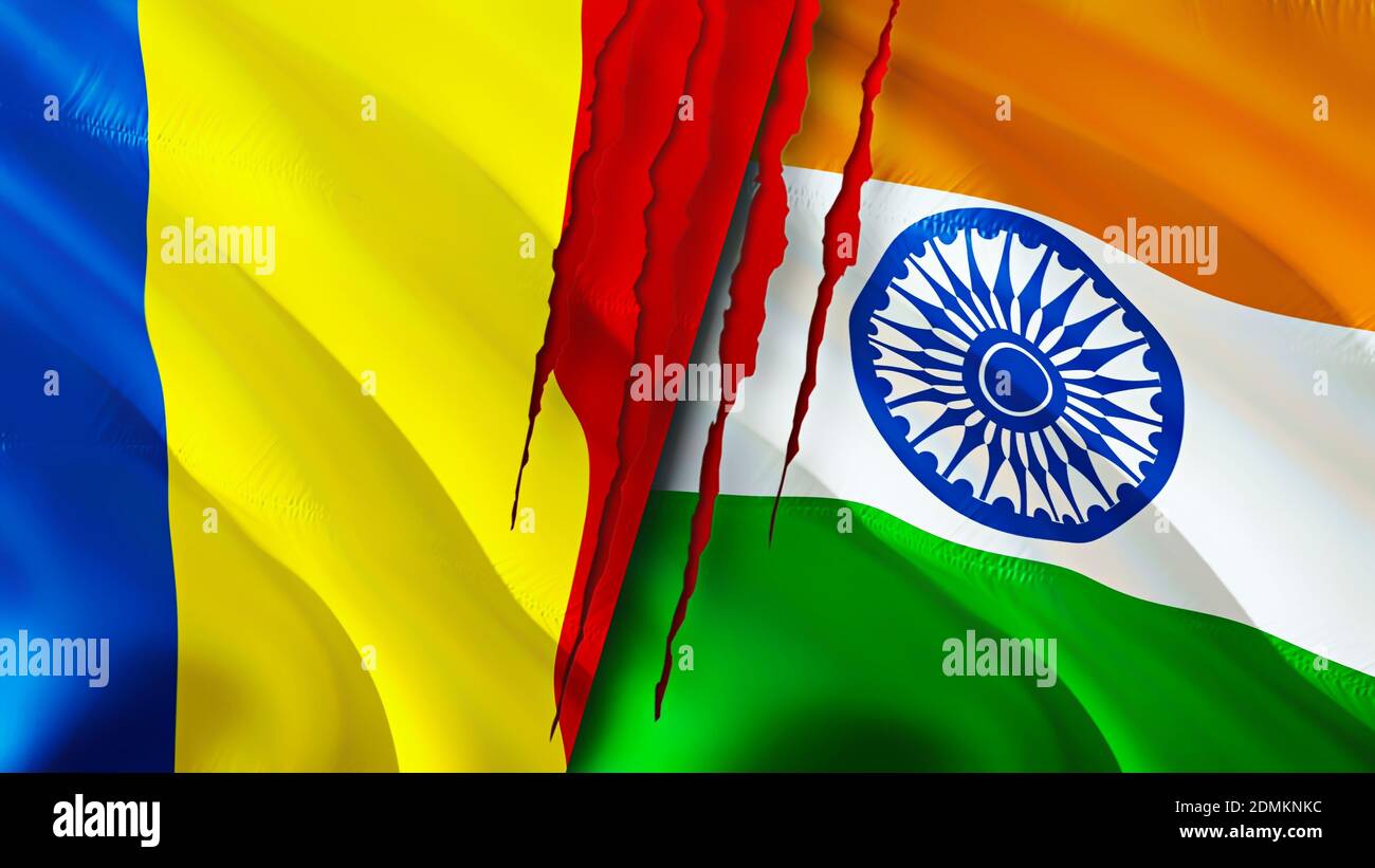 Romania and India flags with scar concept. Waving flag,3D rendering ...