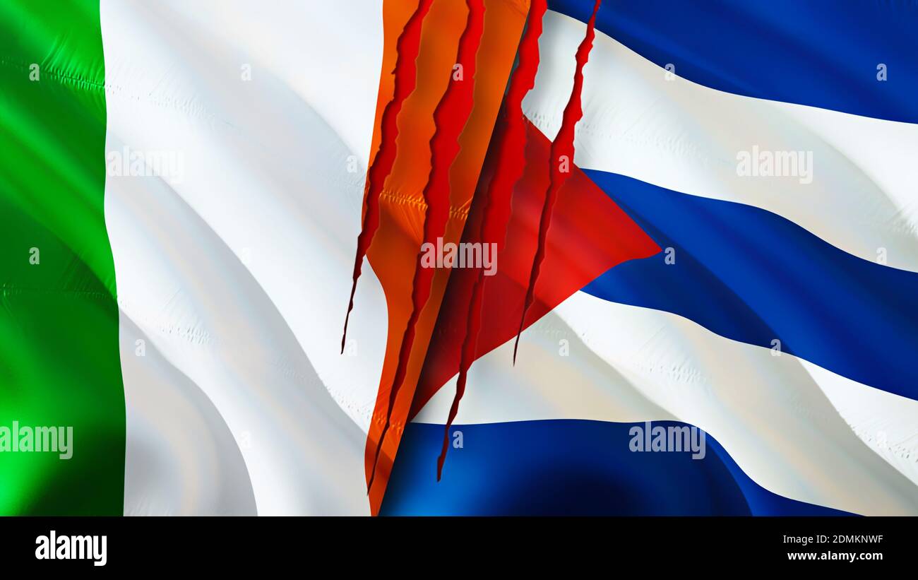 Ireland and Cuba flags with scar concept. Waving flag 3D rendering ...