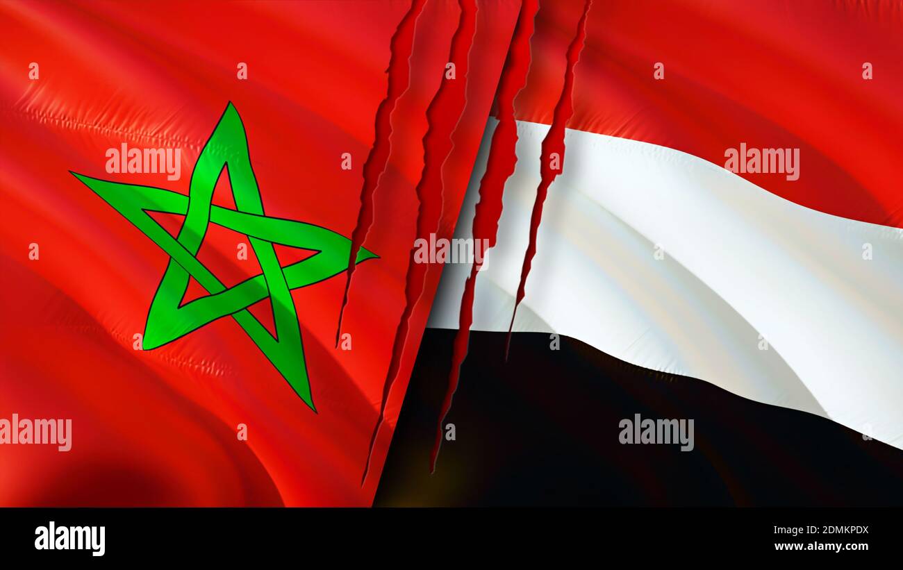 Morocco and Yemen flags with scar concept. Waving flag,3D rendering ...