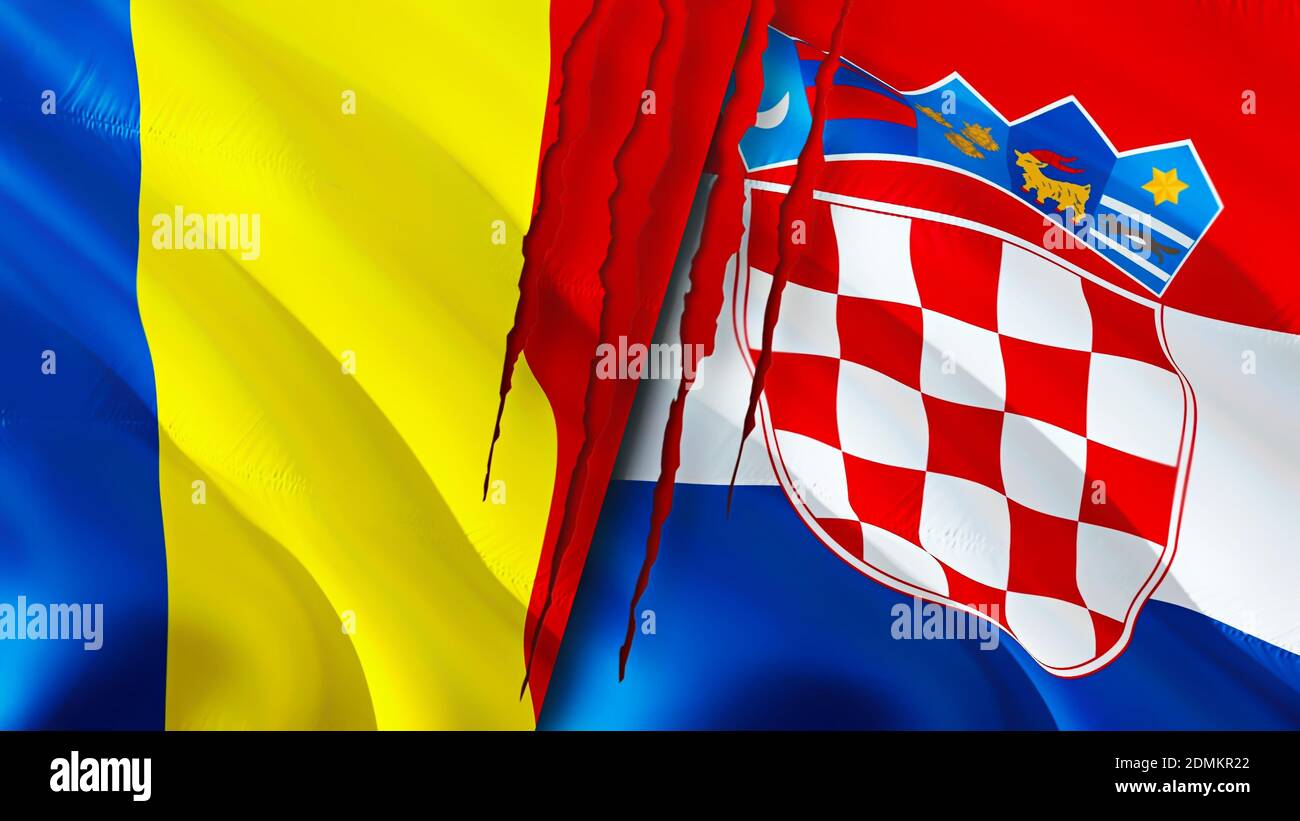 Romania and Croatia flags with scar concept. Waving flag,3D rendering ...