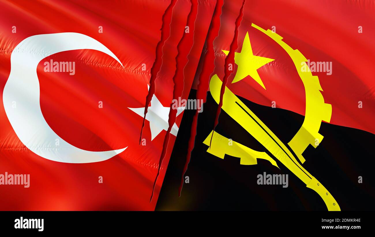Turkey and Angola flags with scar concept. Waving flag,3D rendering ...