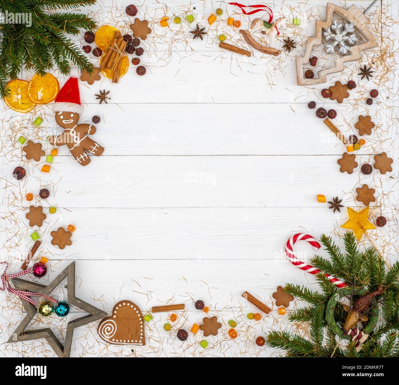 Border from Christmas decorations and pastry Stock Photo - Alamy