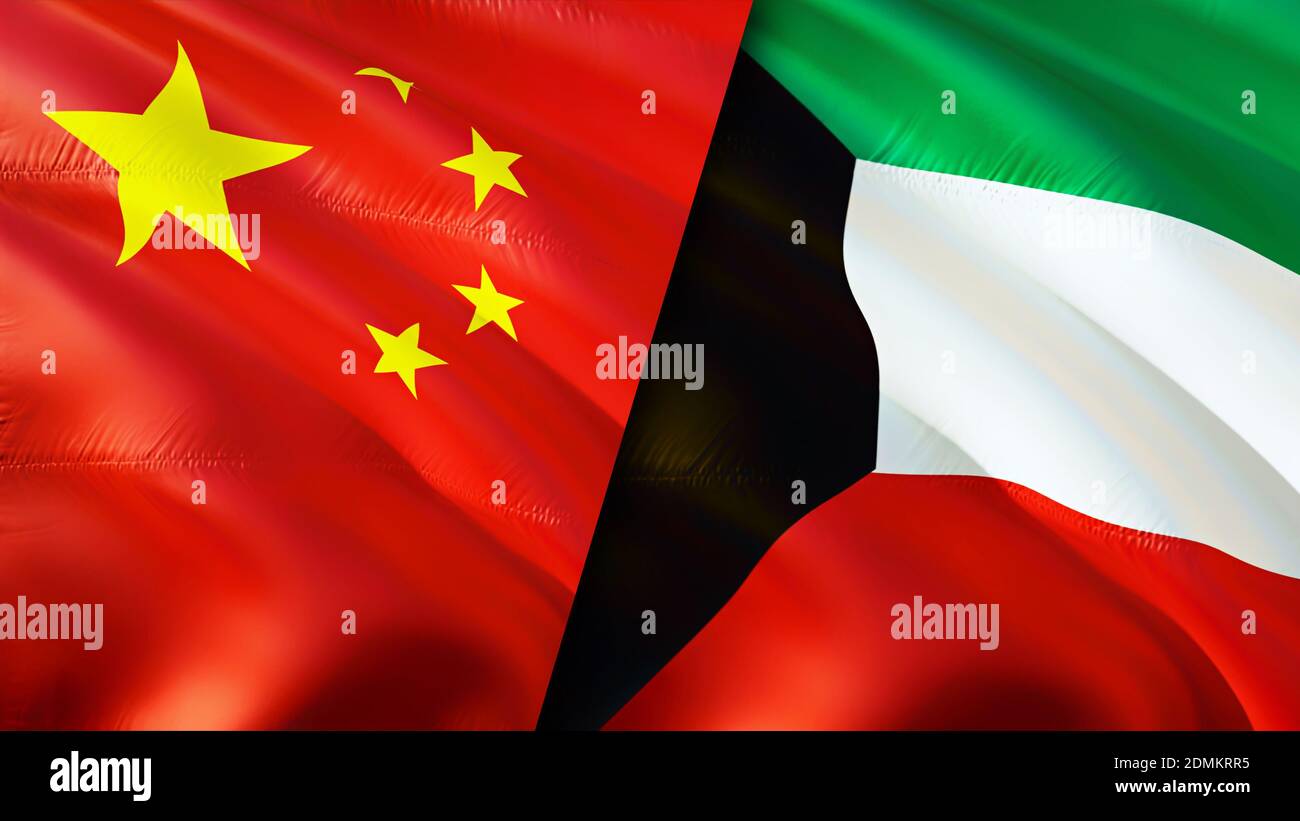 China and Kuwait flags. 3D Waving flag design. China Kuwait flag ...