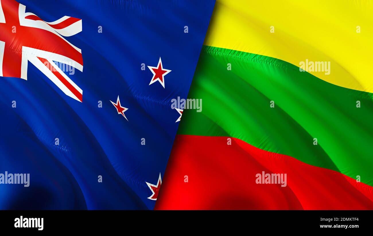 New Zealand and Lithuania flags. 3D Waving flag design. New Zealand ...