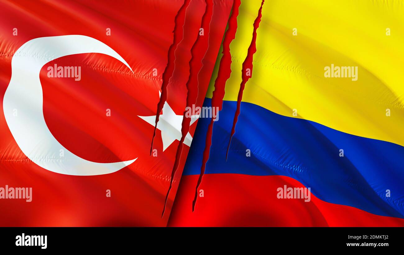 Turkey and Colombia flags with scar concept. Waving flag,3D rendering ...