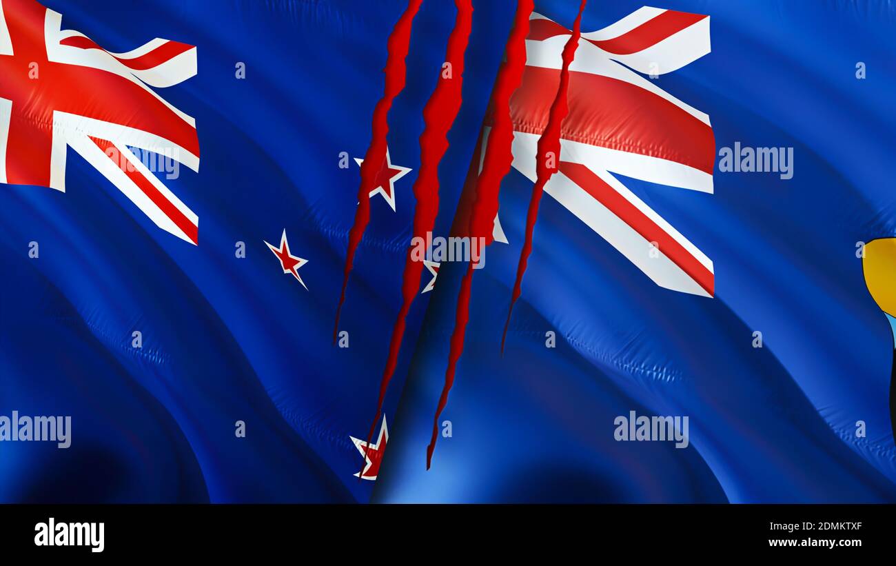 New Zealand and Saint Helena flags with scar concept. Waving flag 3D ...