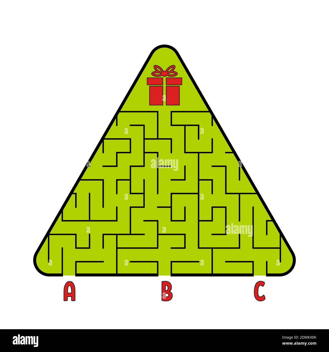 Abstract triangular labyrinth. Christmas tree with a gift. Find the ...