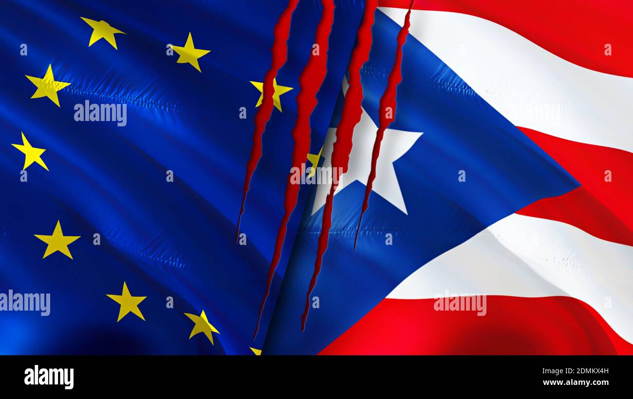 European Union and Puerto Rico flags with scar concept. Waving flag,3D ...