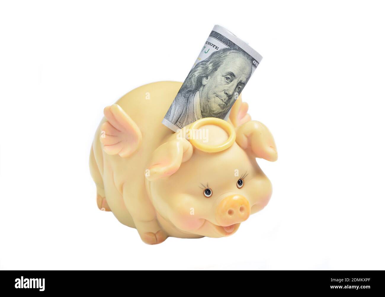 One hundred dollar bill in piggy bank pig on white background Stock ...