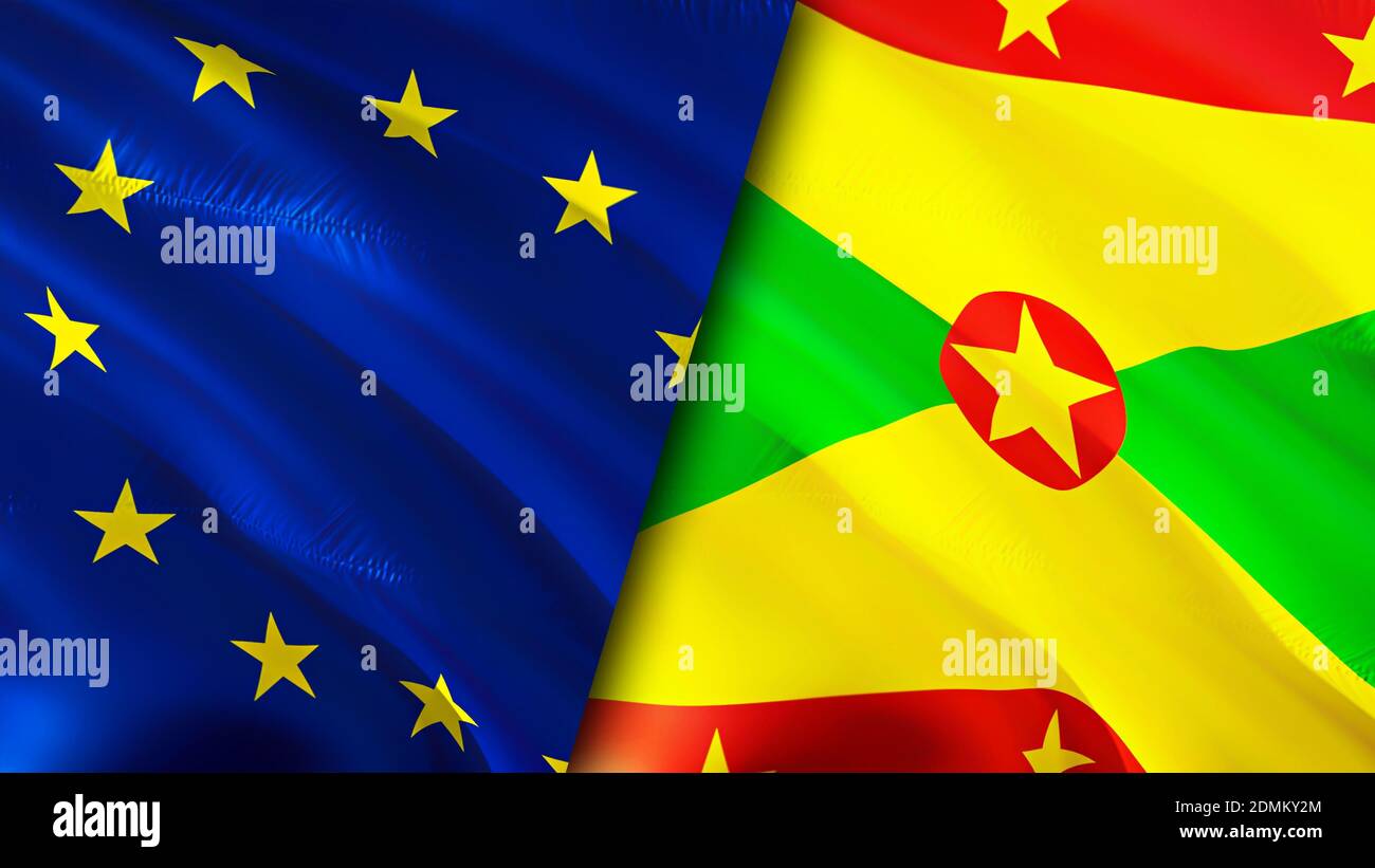 European Union and Grenada flags. 3D Waving flag design. European Union ...
